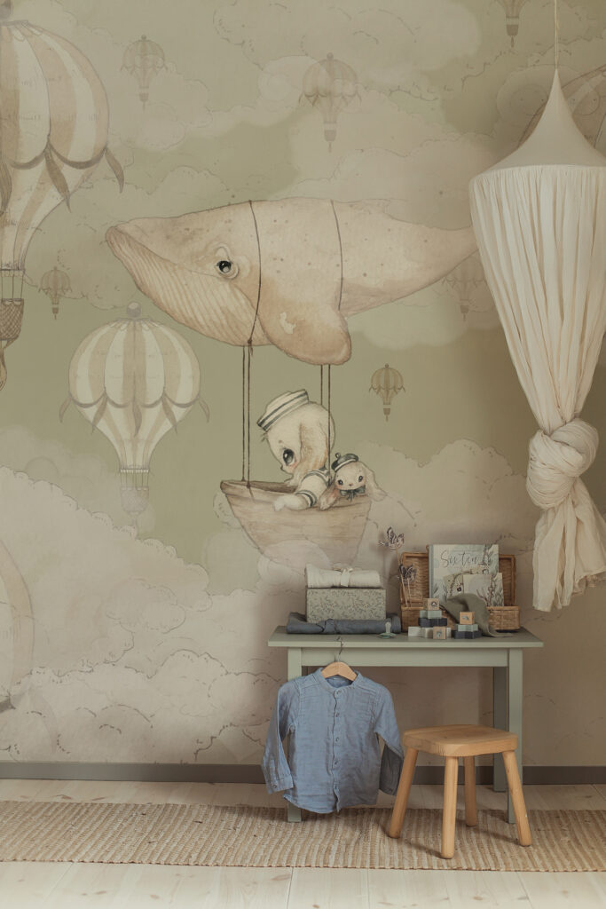 Flying Whale - Stormy Green - Sample - Mrs Mighetto - Wallpaper