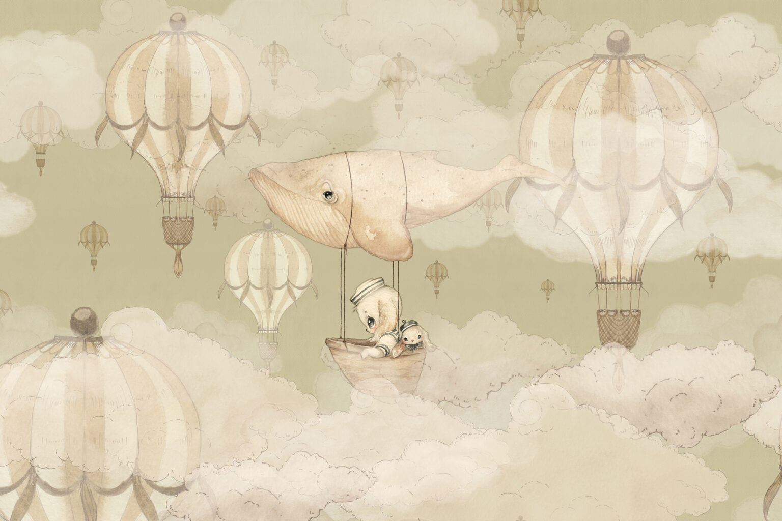 Flying Whale - Stormy Green - Sample - Mrs Mighetto - Wallpaper